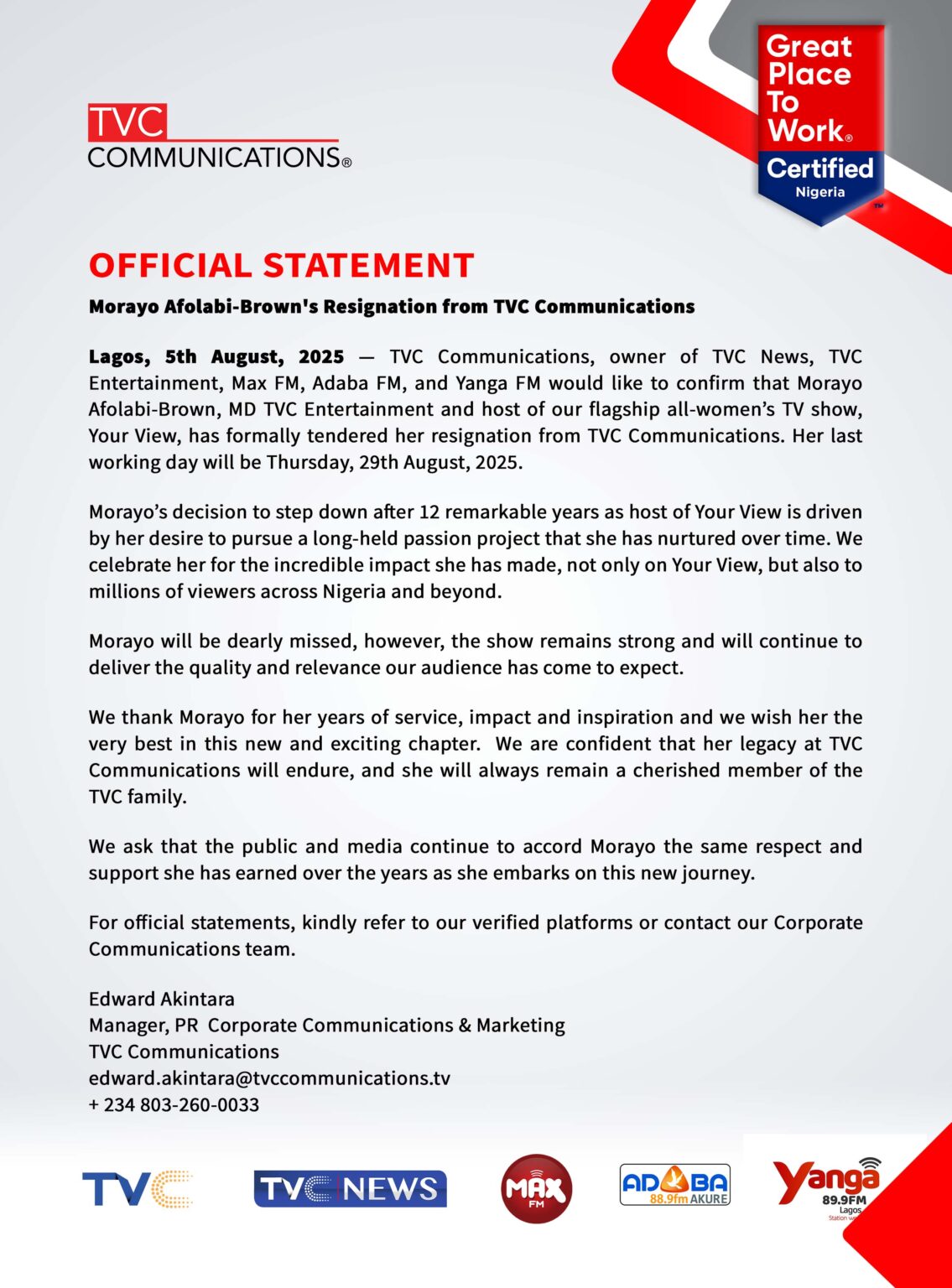 TVC Communications confirms Morayo Afolabi-Brown's resignation ...