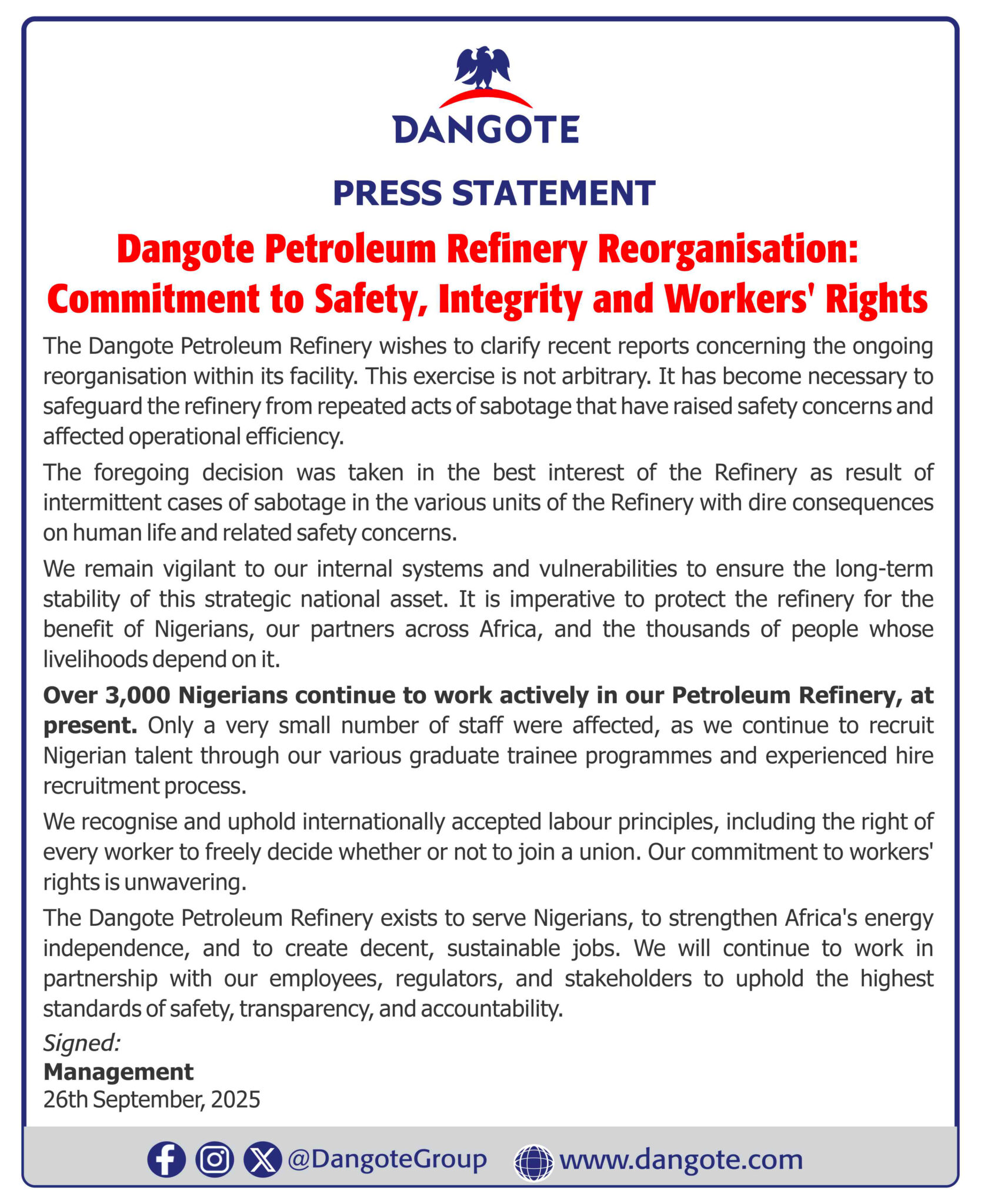 Dangote Refinery Clarifies Alleged Mass Sack in Leaked Memo