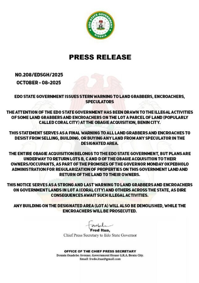 Edo State Government Warns Land Grabbers, Encroachers