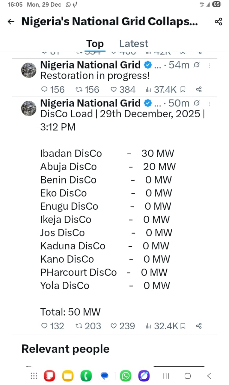 National Grid Collapses, Restoration In Progress - Trending News